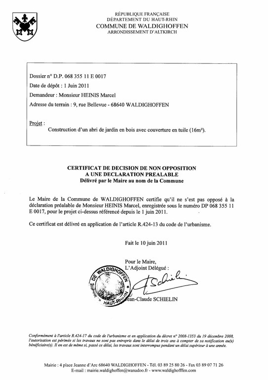 Non-opposition à la déclaration préalable n°11E0017 - M. HEINIS ... Non-opposition à la déclaration préalable n°11E0017 - M. HEINIS ...